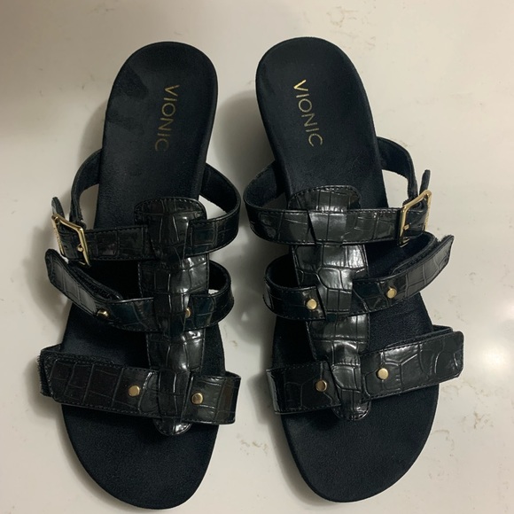 Vionic | Shoes | Vionic Radia Black Patent Croco Wedge Sandals Size Us ...